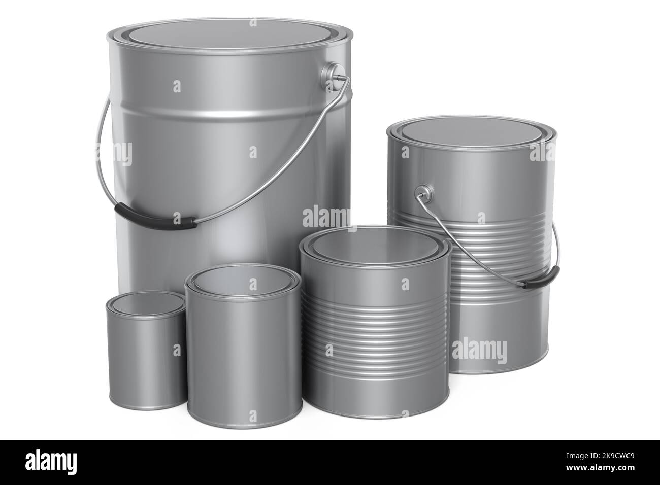 Set of metal can or buckets of paint in row pattern on white background ...