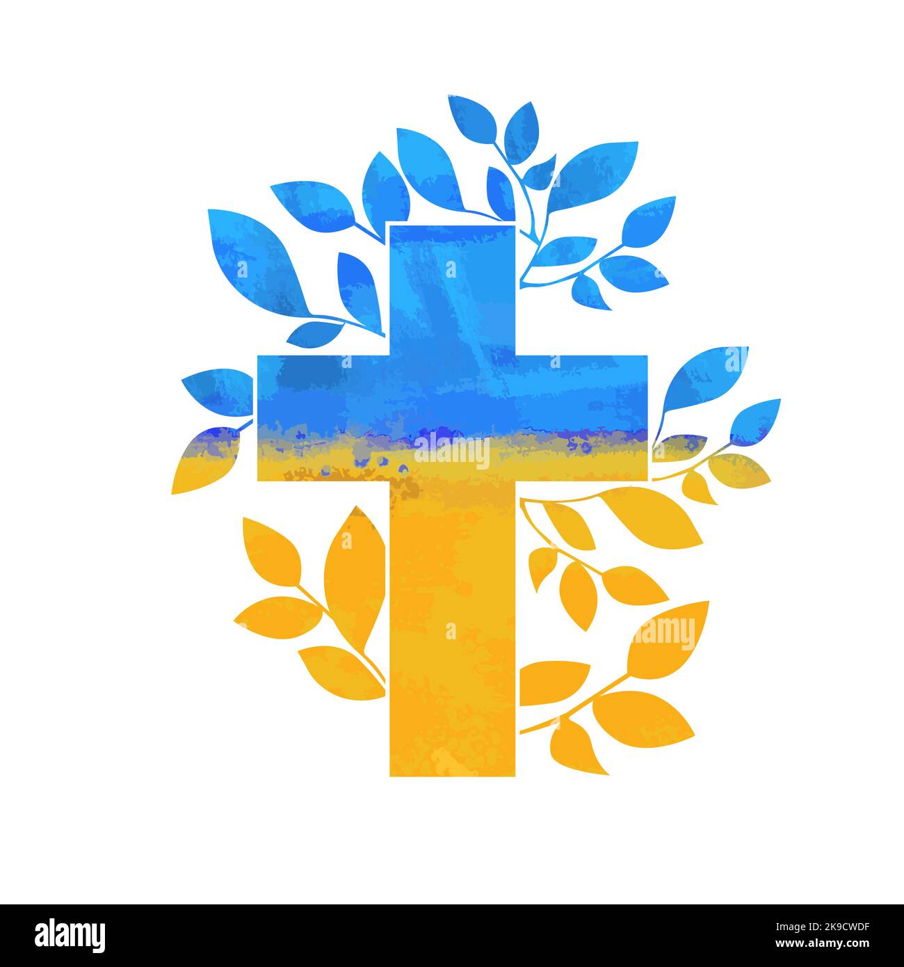 Blue and yellow religious cross with branches. Stop the war in Ukraine ...