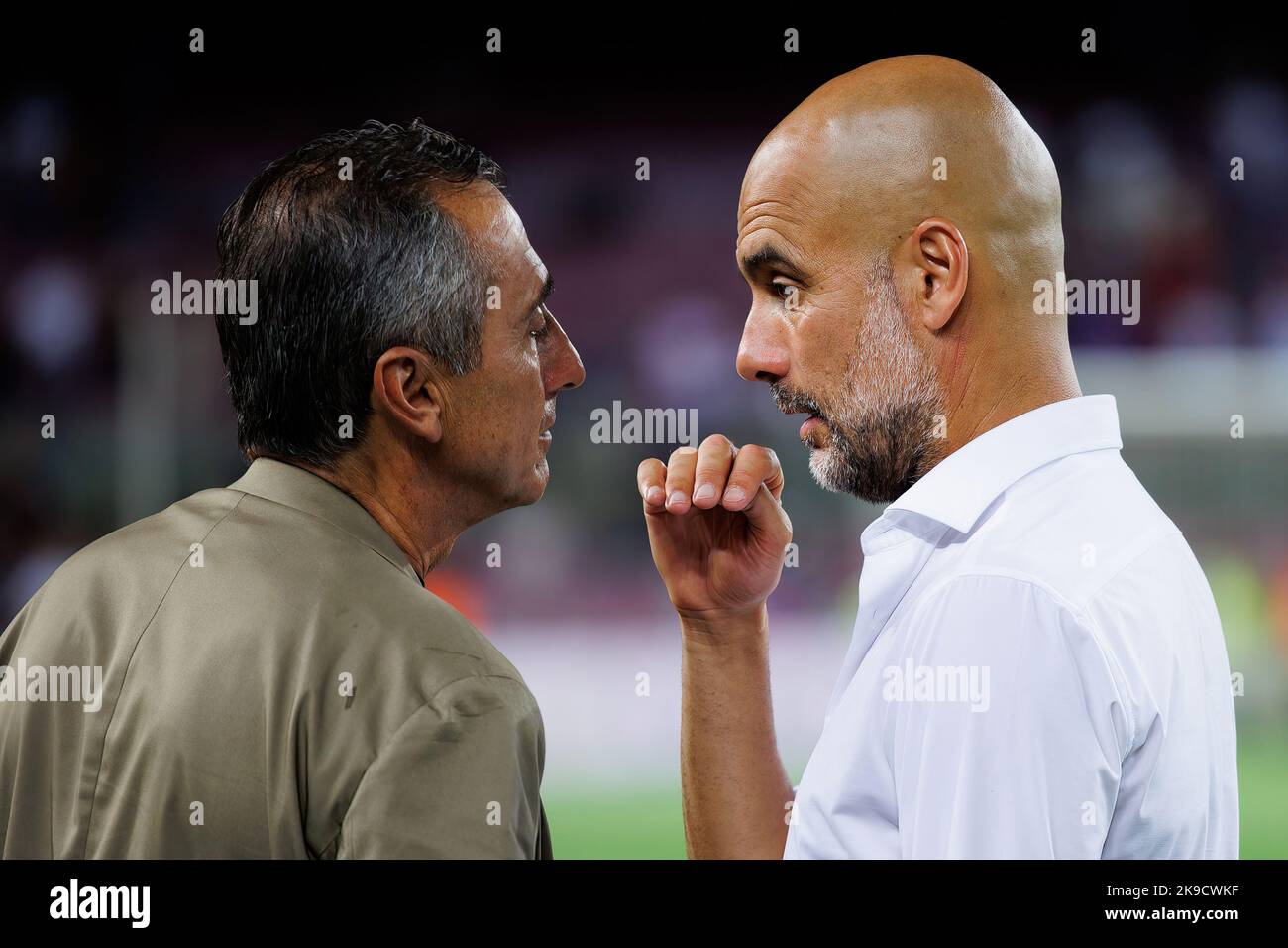 BARCELONA - AUG 24: Estiarte (L) and Guardiola (R) talk after the ...