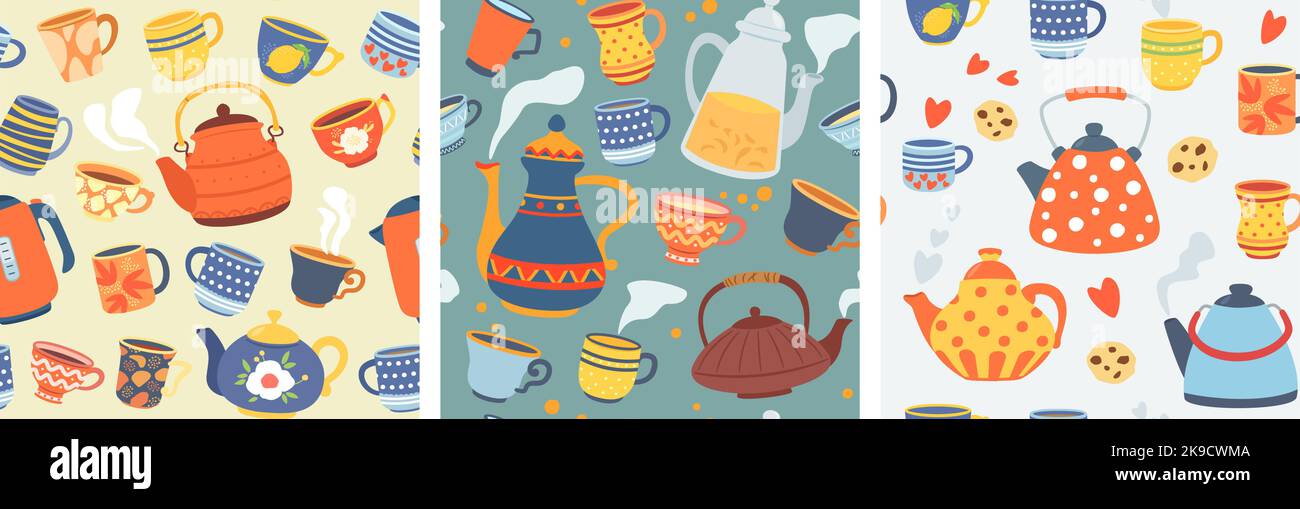 Teapots and cups pattern. Vintage teacups, decorative kettles and ...