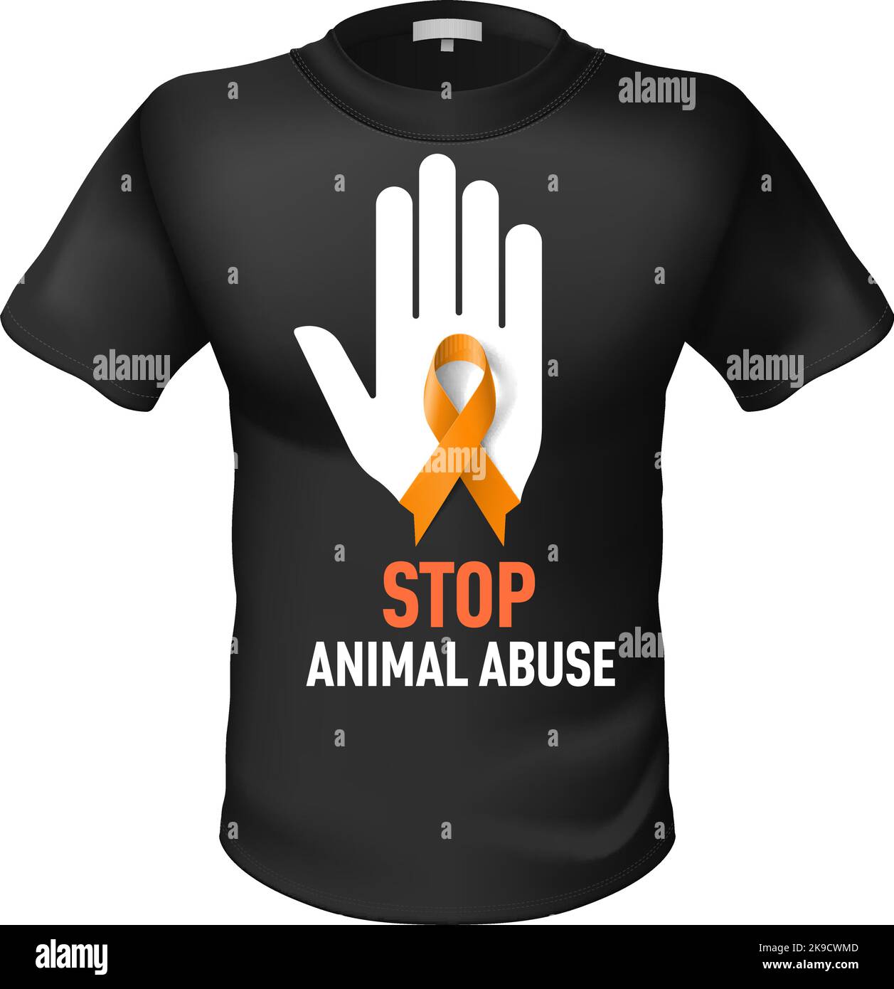 Black t-shirt with sign animal abuse. White hand with orange ribbon ...