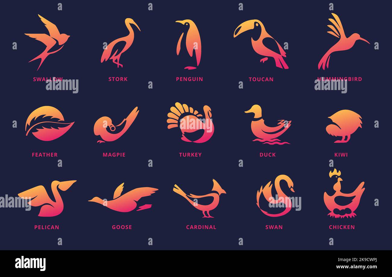 Negative space bird icons. Swan emblem, kiwi silhouette and flying ...