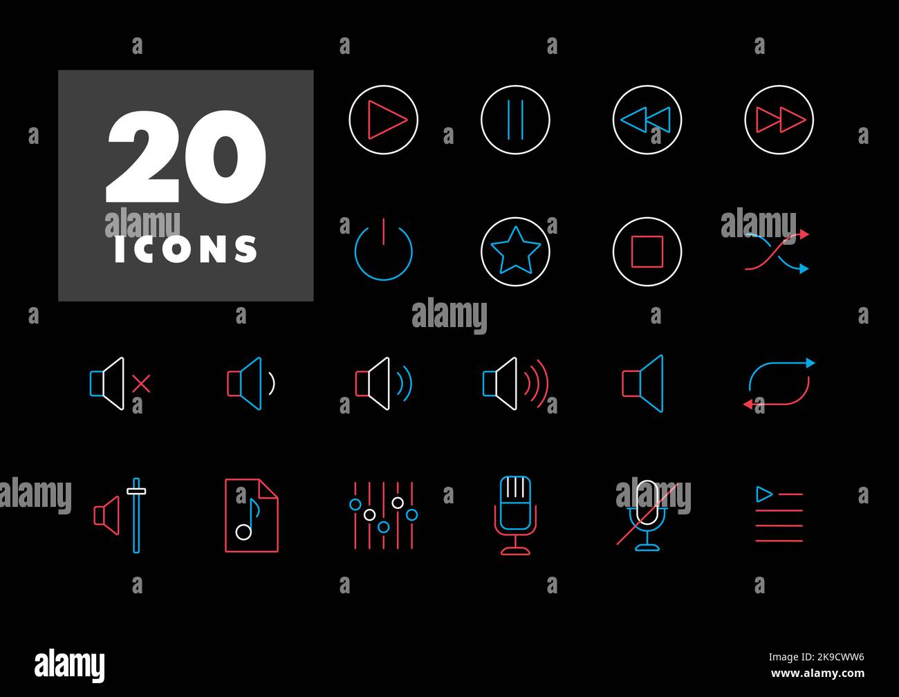 Multimedia user interface vector on black background icons set. Graph ...