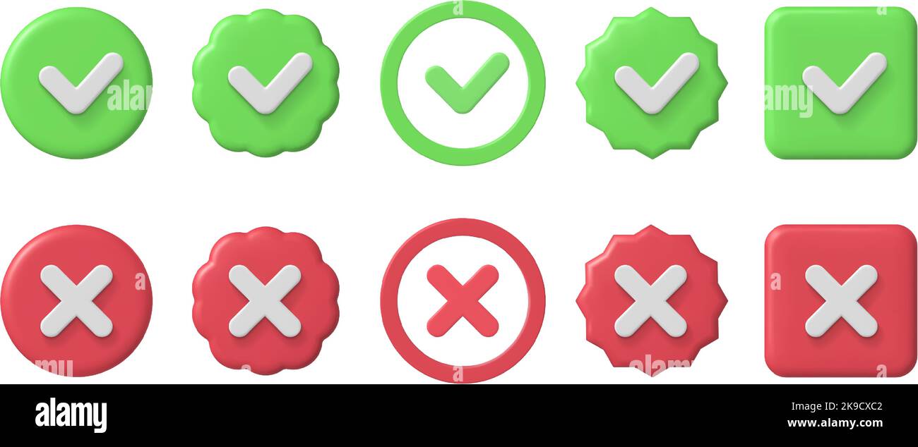 Checkmark 3d icons. Checklist green tick and red cross. Accepted and ...