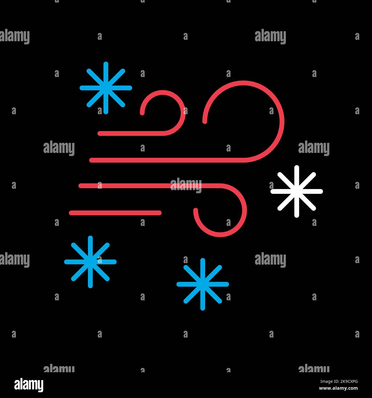 Wind snow snowstorm vector isolated on black background icon. Winter ...