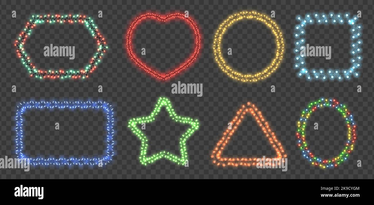 Color garland lights frames. Christmas holiday lights border ...