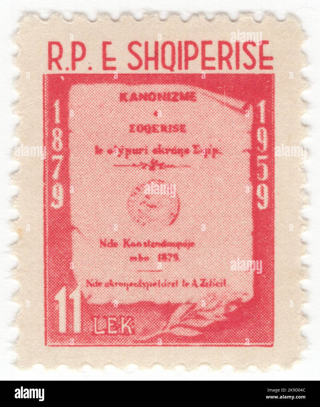 ALBANIA - 1960 August 18: An 11 lek rose-red postage stamp showing Page ...