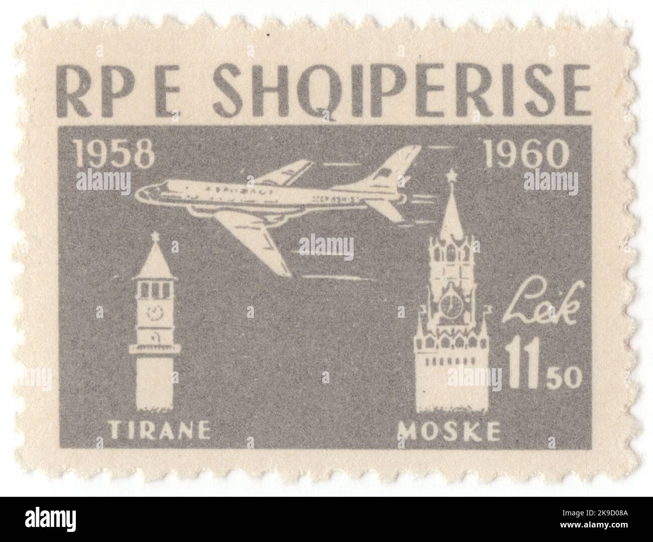 ALBANIA - 1960 August 18: An 11,50 lek grey postage stamp showing Plane ...