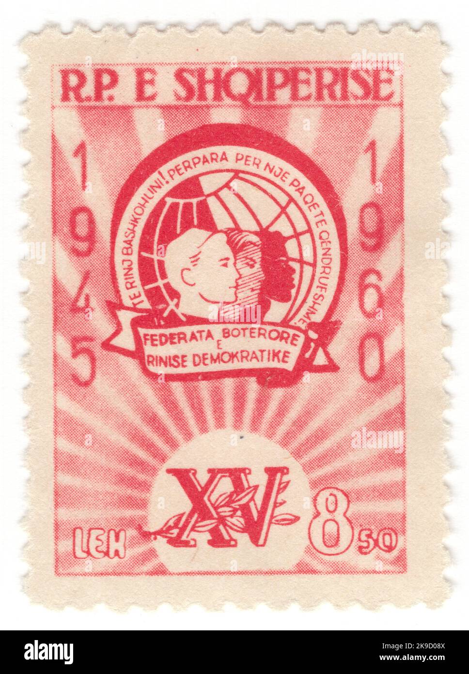 ALBANIA - 1960 November 10: An 8,50 lek red postage stamp showing ...
