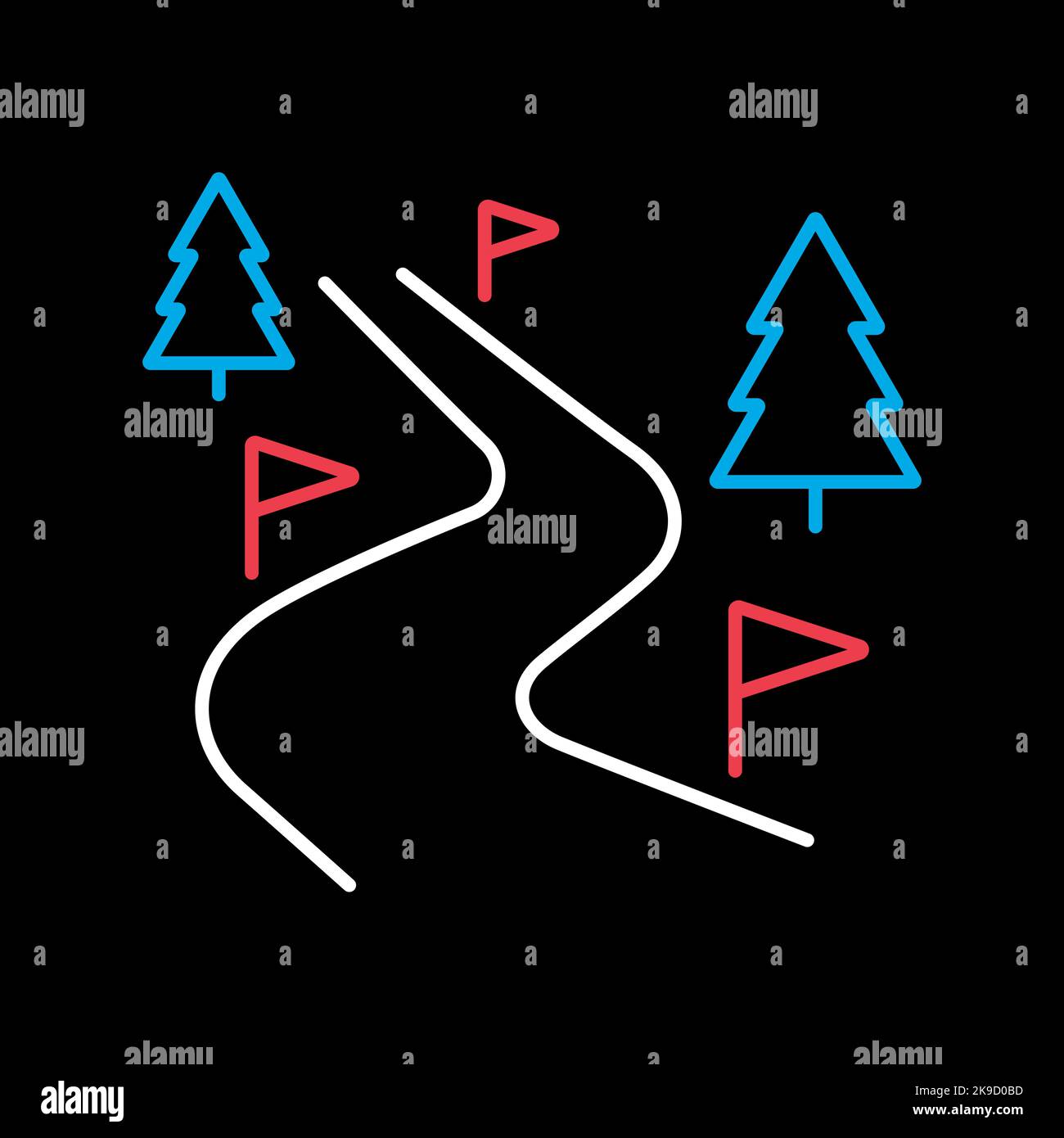 Ski route vector isolated on black background icon. Winter sign. Graph ...