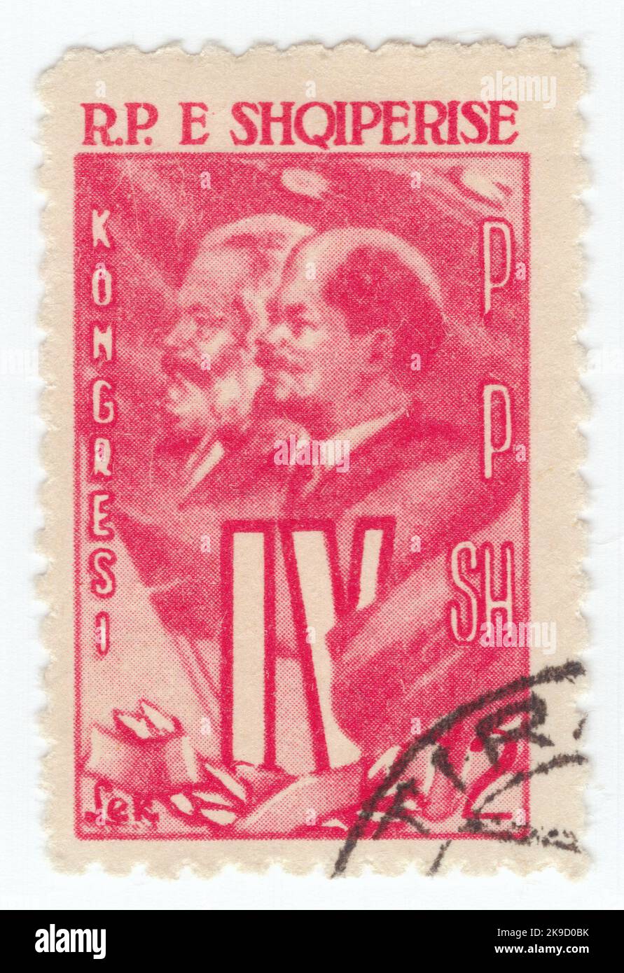 ALBANIA - 1961 February 13: an 2 lek rose-red postage stamp with the ...