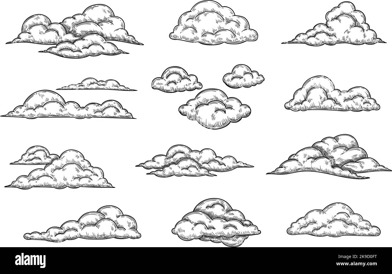 Sketch clouds. Hand drawn pencil cloudy sky, retro cloud shape ...