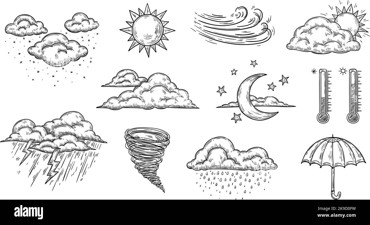 Sketch weather icons. Hand drawn rain, storm and snow. Clear sun and ...