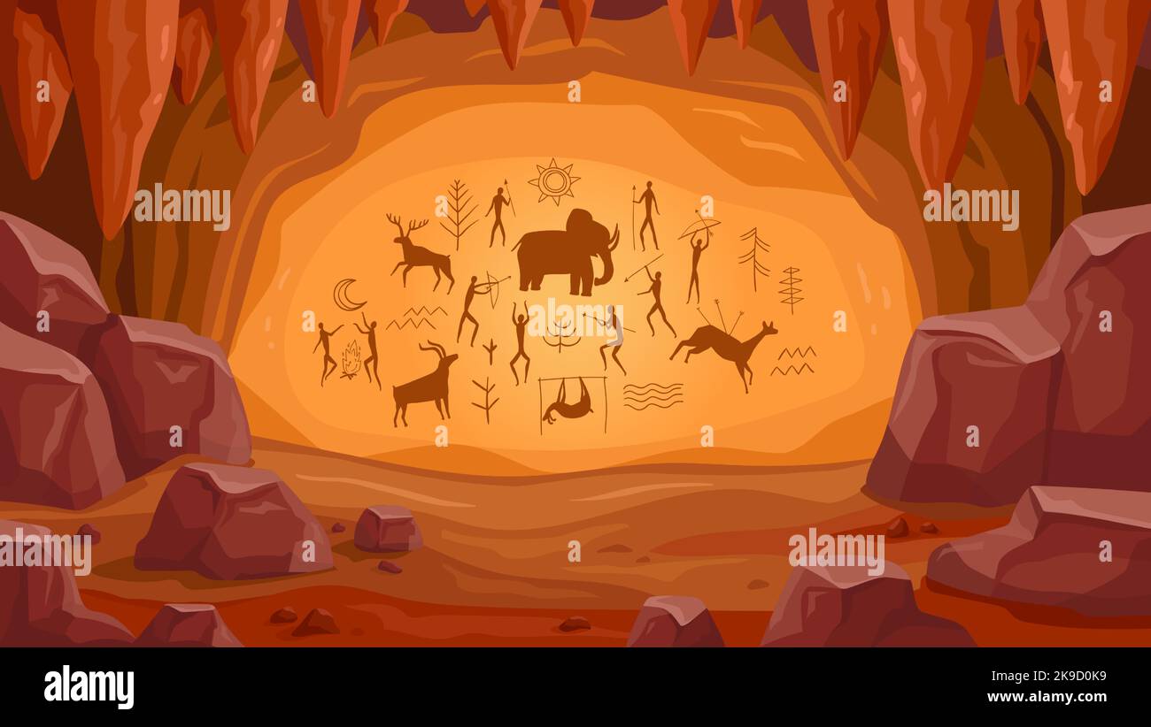Prehistoric cave with paintings. Old cave drawings of primitive people ...