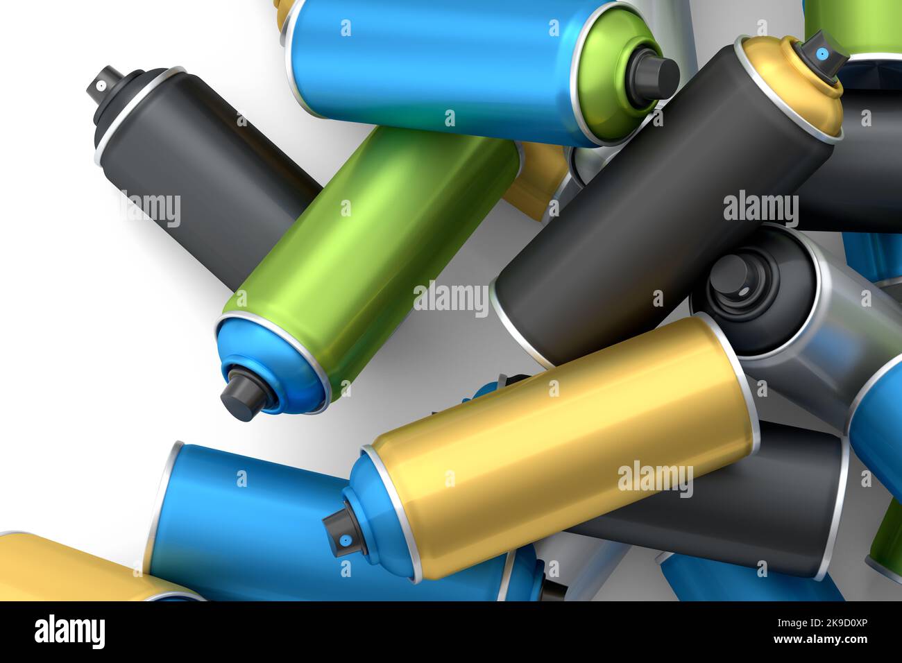 Lots of flying spray paint cans on white background. 3d render spray ...