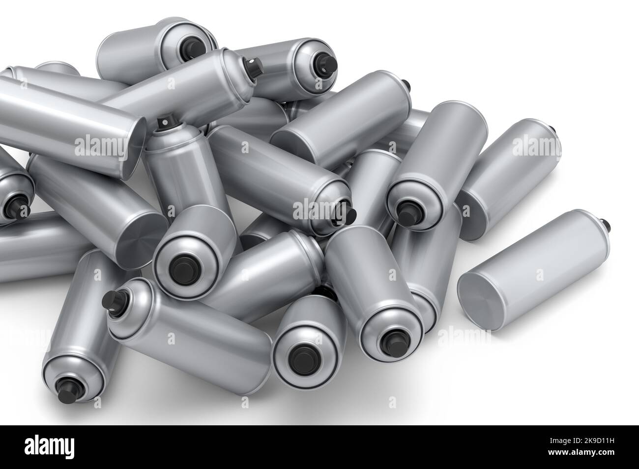 Lots of flying spray paint cans on white background. 3d render spray ...