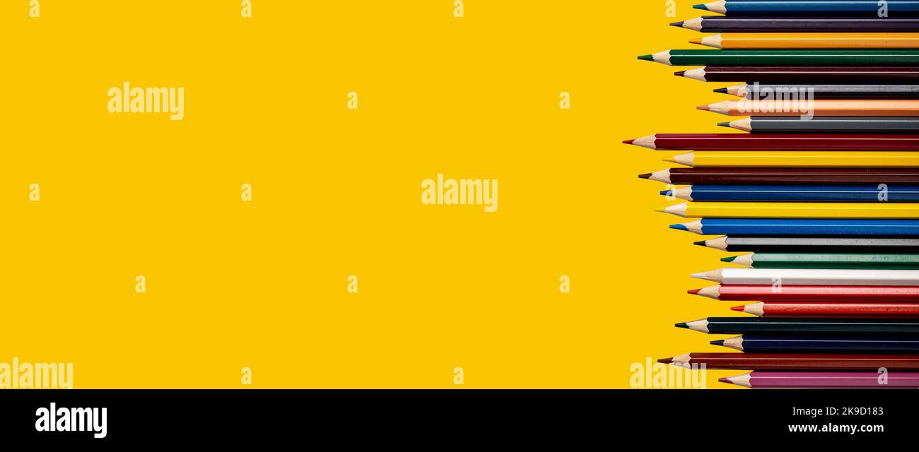 Ad banner of art class, studio with coloured pencils of different color ...