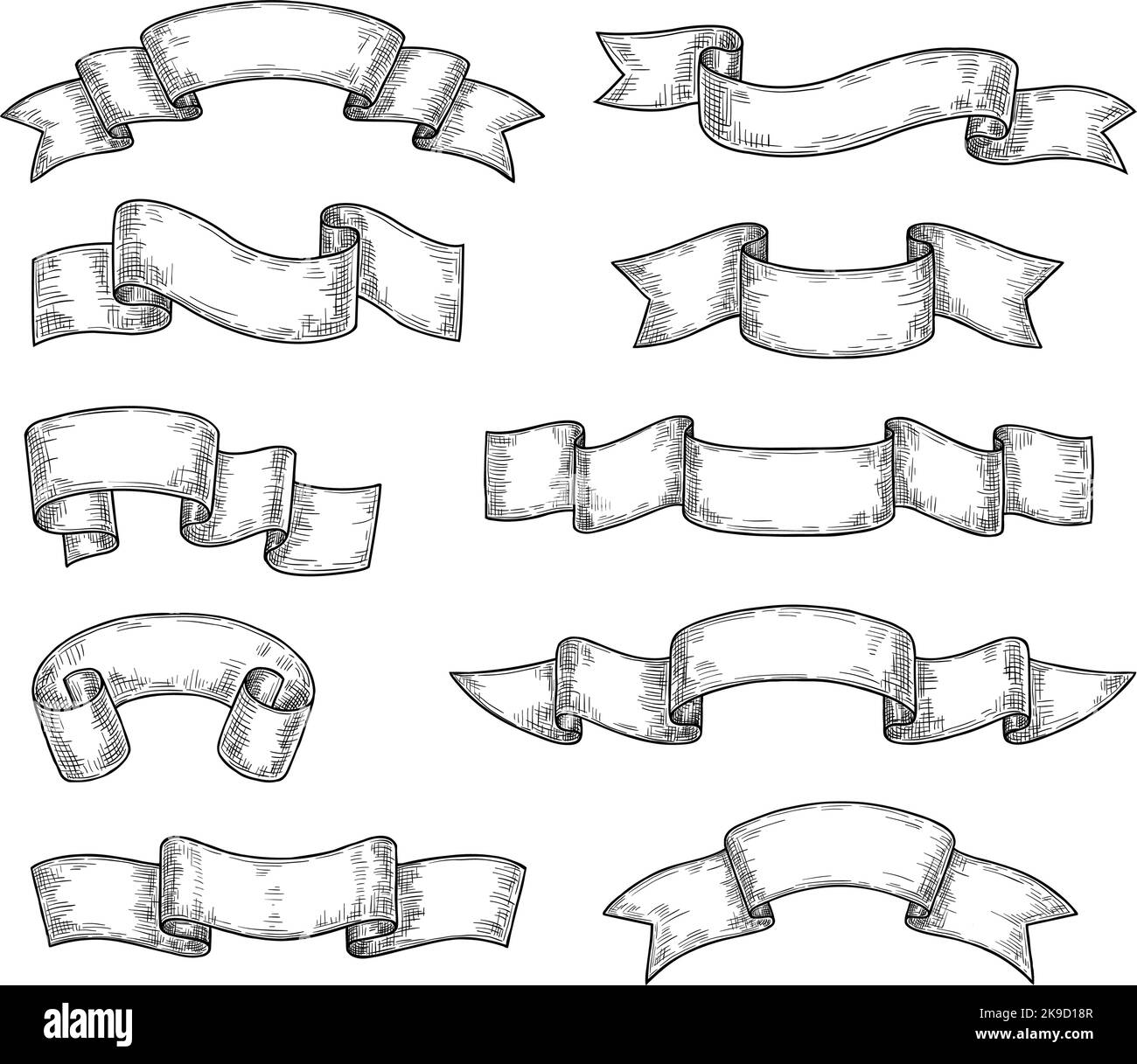 Hand drawn ribbon banner. Engraved frame for text, vintage horizontal sketch label backgrounds ...