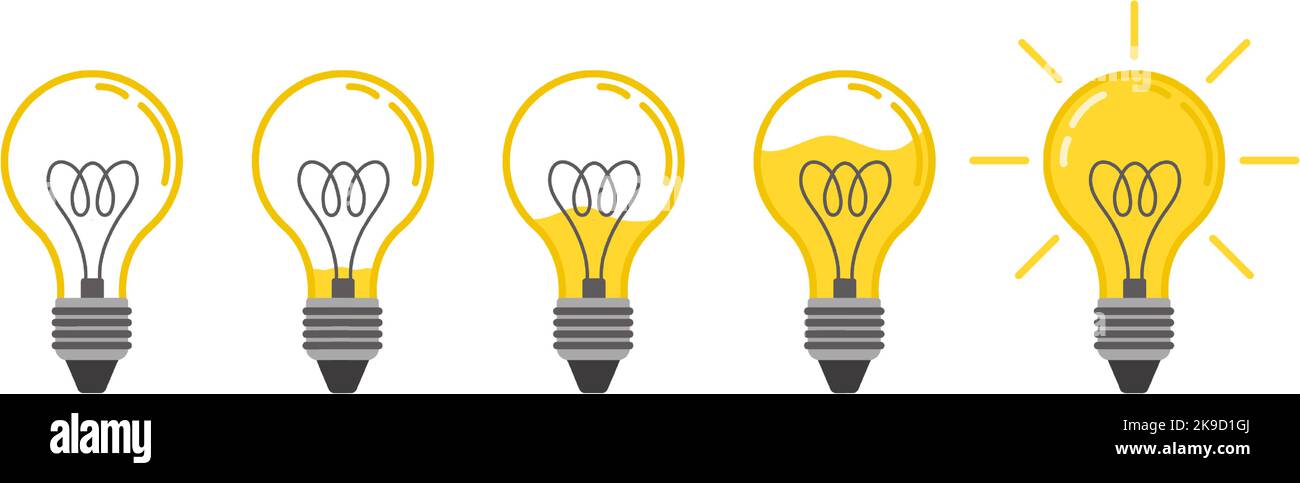 Light bulb animation. Liquid light fills lamp, creative idea or bright ...