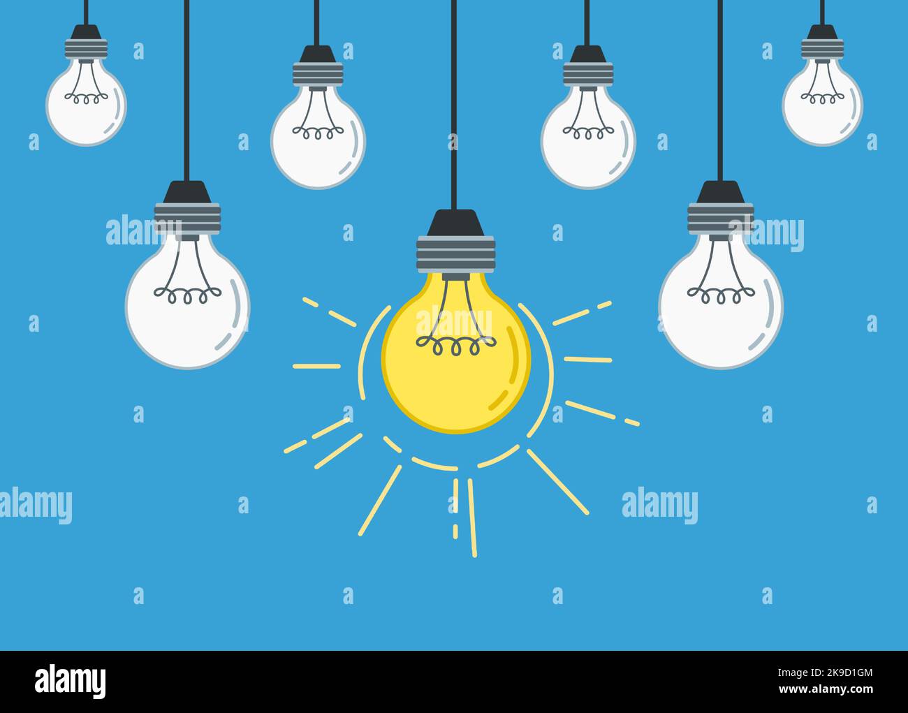 Unique idea. Hanging light bulbs with one glowing and shine. Working ... Unique idea. Hanging light bulbs with one glowing and shine. Working ...