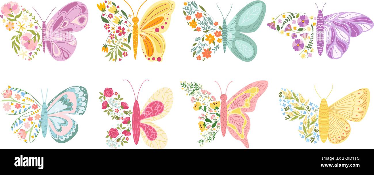 Floral butterflies. Summer butterfly with colorful flowers in wing ...