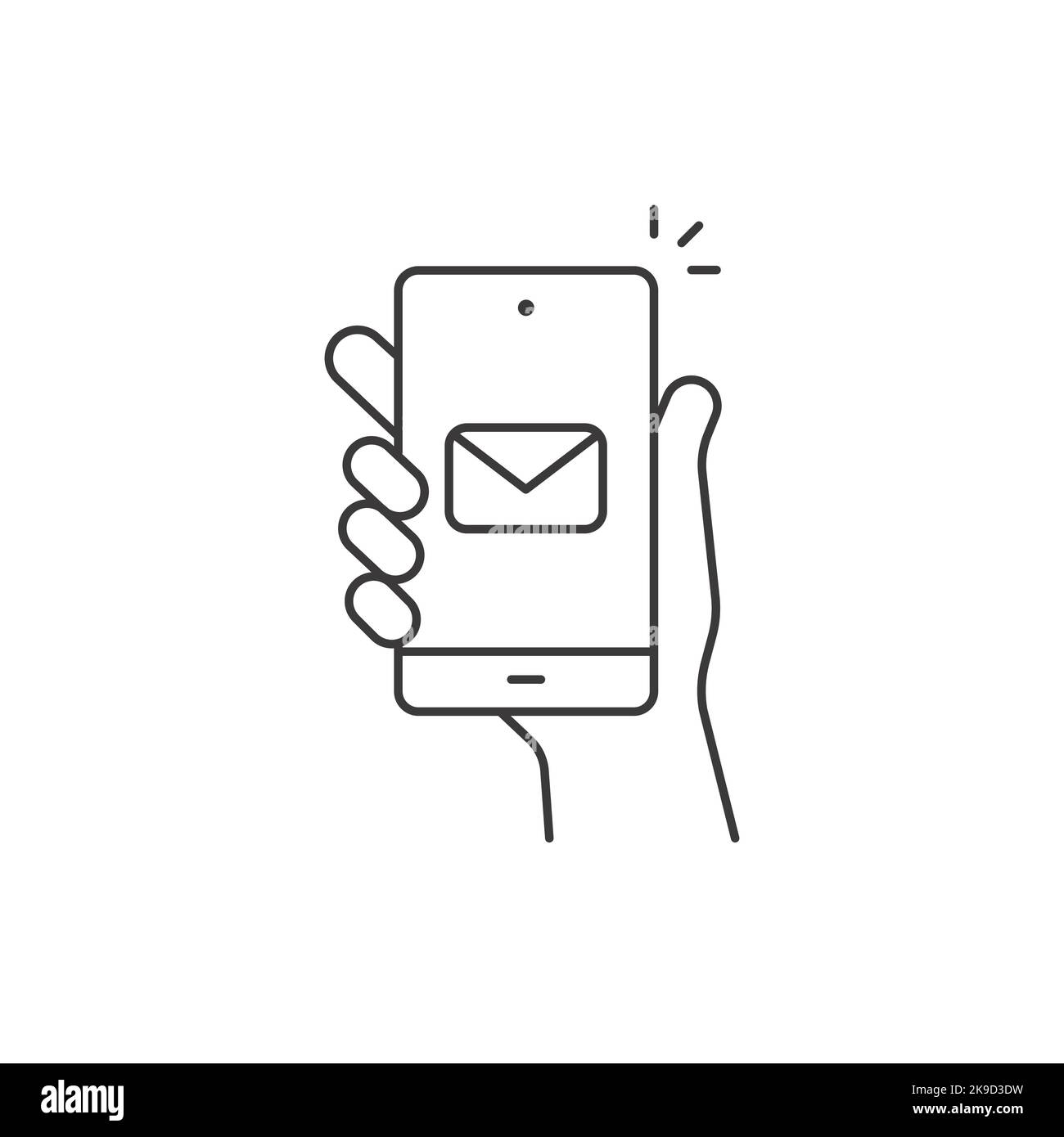 Hand hold smartphone, email send, new message notification line icon ...