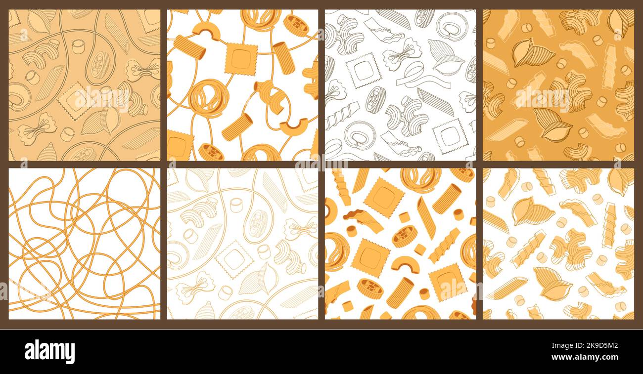 Italian pasta shapes patterns. Spaghetti, ravioli and farfalle backdrop ...