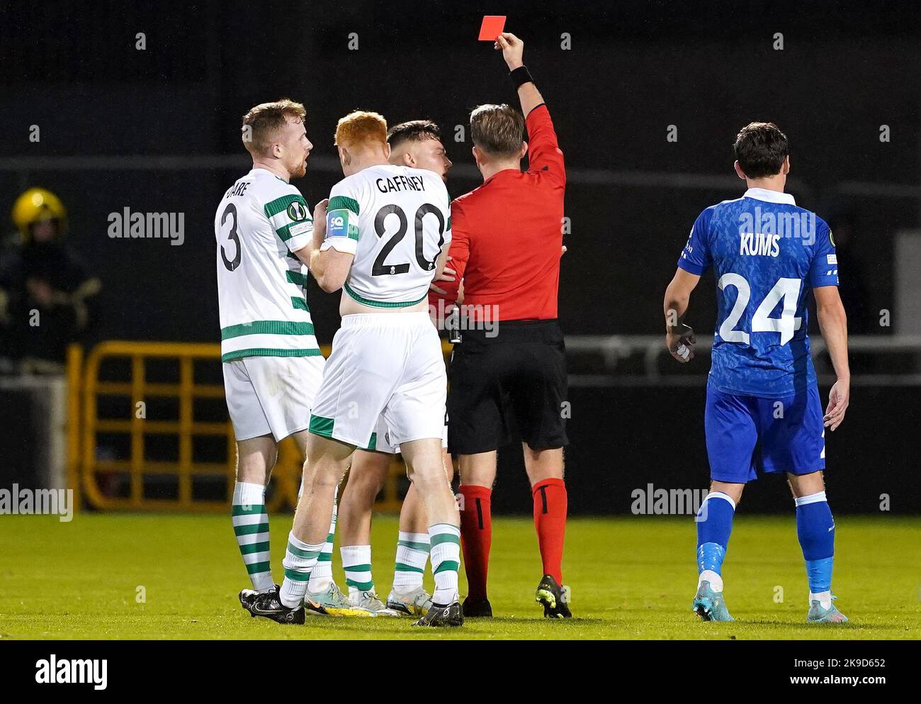 Shamrock Rovers' Justin Ferizaj (third left) is shown a red card during ...
