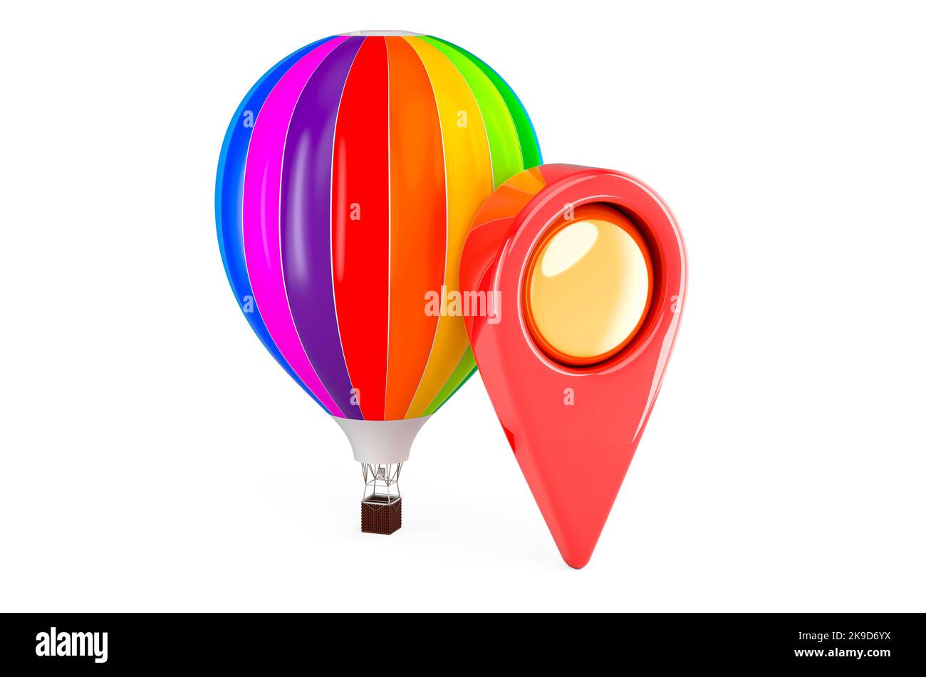 Hot air balloon with map pointer, 3D rendering isolated on white ...