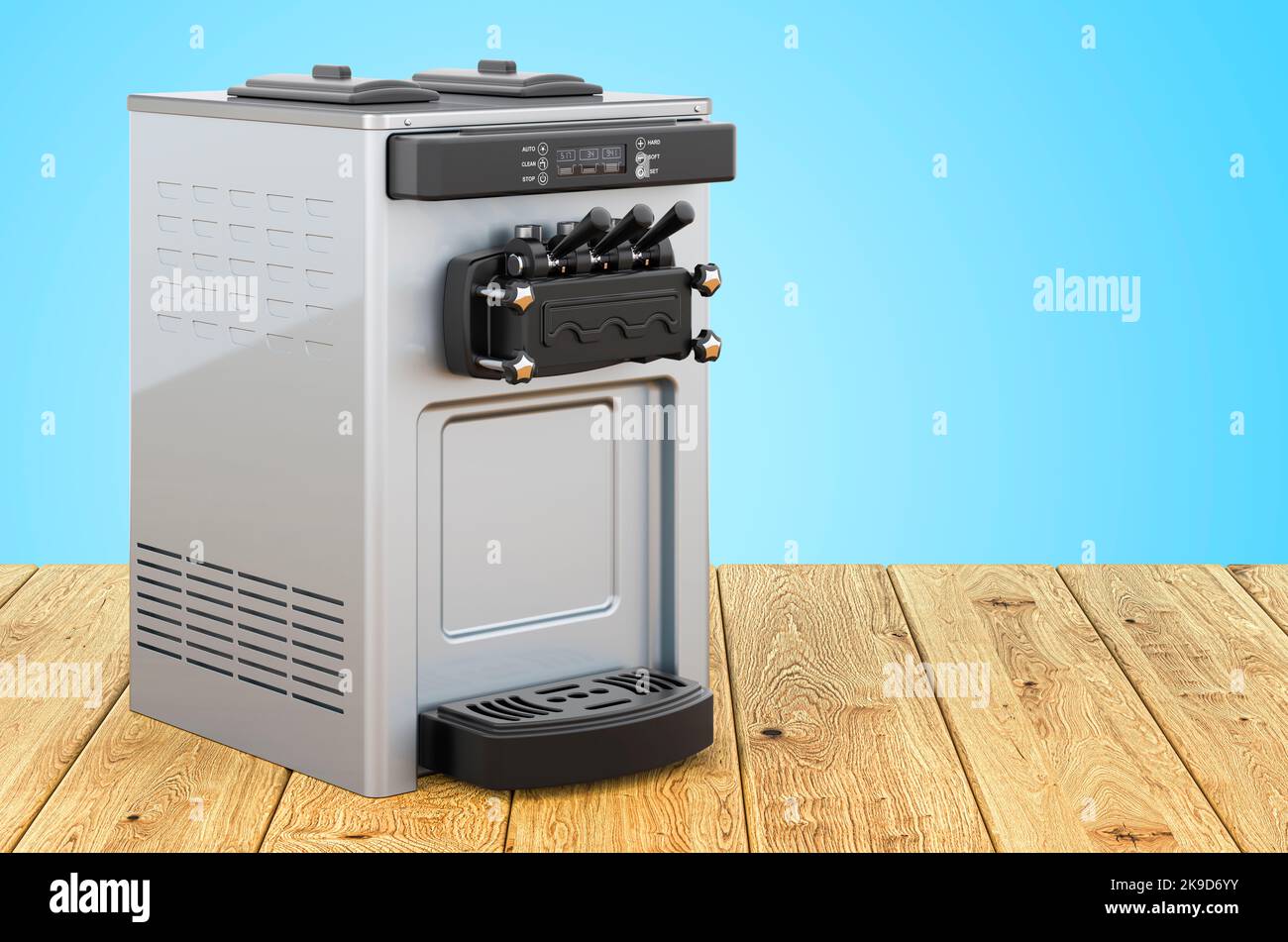 Commercial ice cream machine on the wooden planks, 3D rendering Stock Photo - Alamy