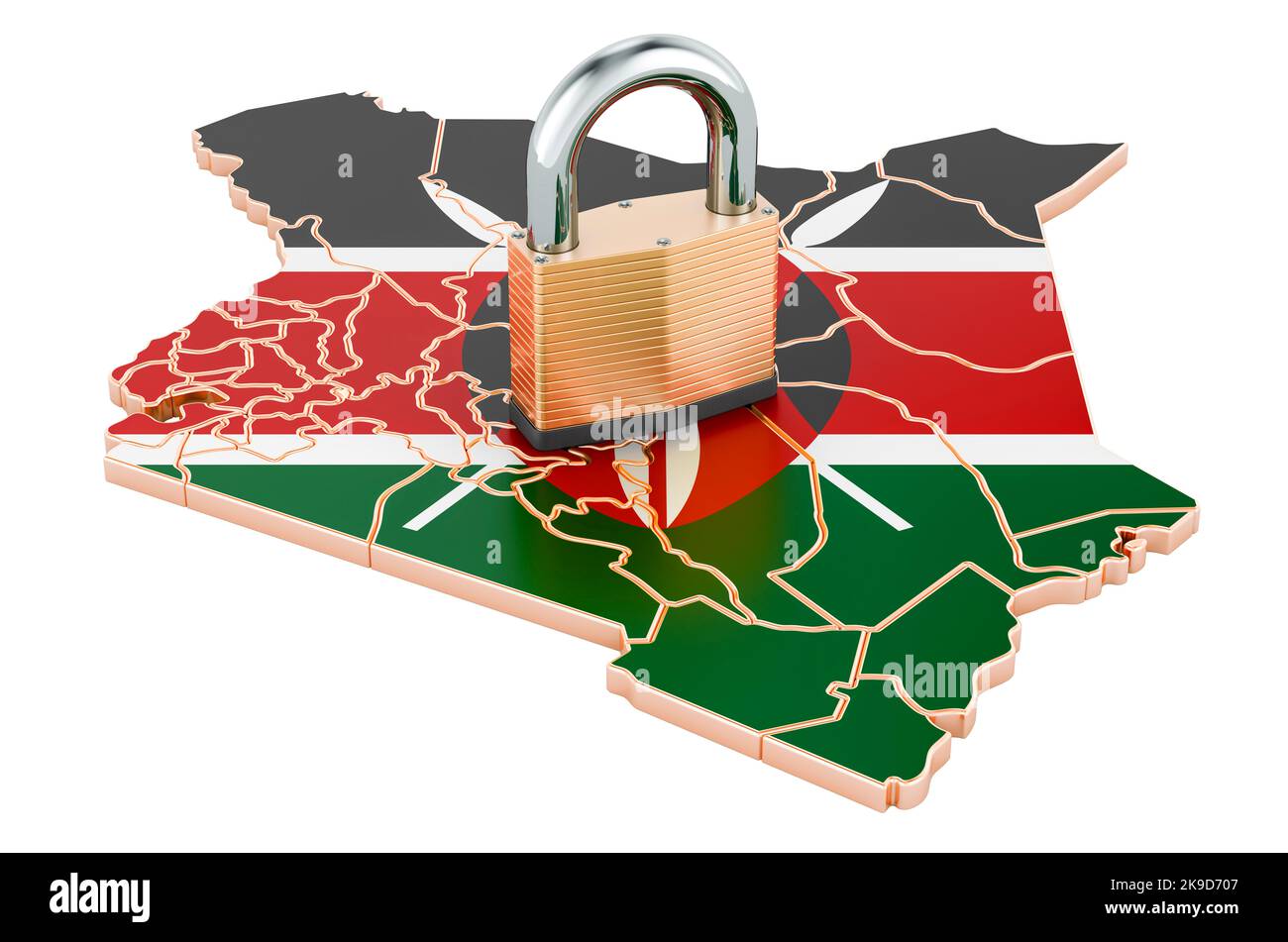 Lockdown in Kenya. Padlock with map, border protection concept. 3D ...