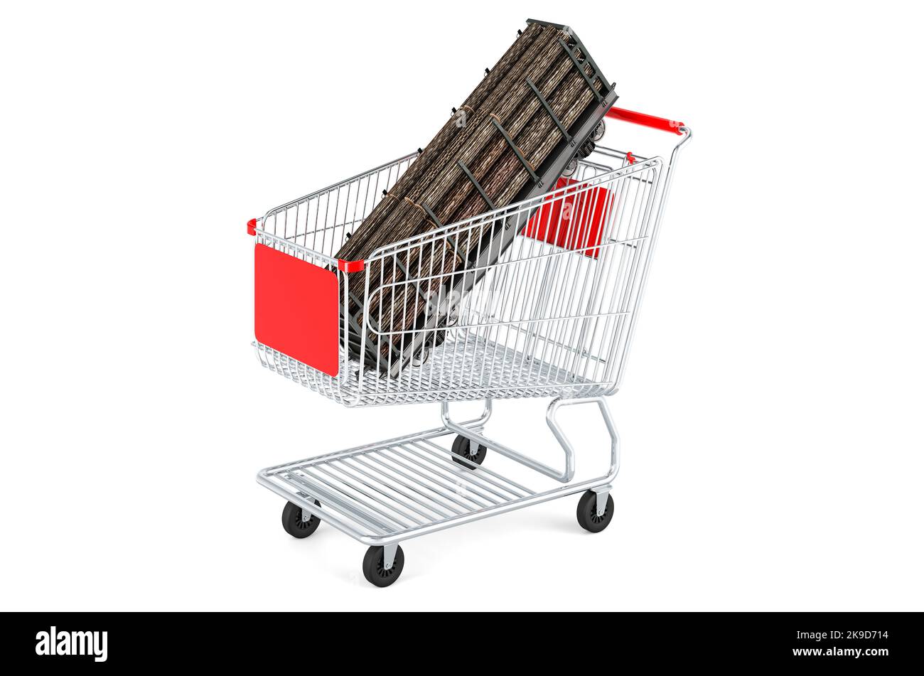 Shopping cart with goods wagon full of wooden logs, 3D rendering ...