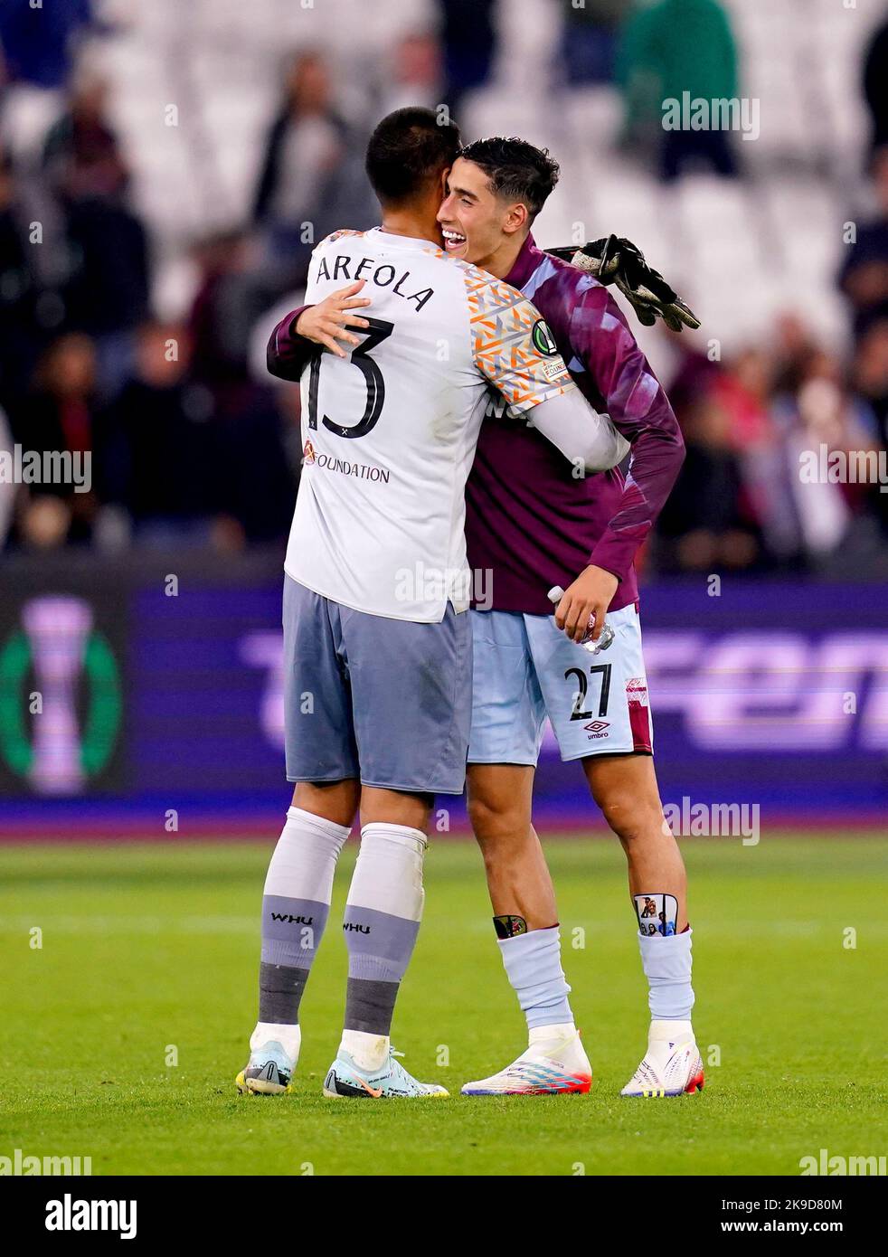 West Ham United goalkeeper Alphonse Areola (left) and team-mate Nayef ...