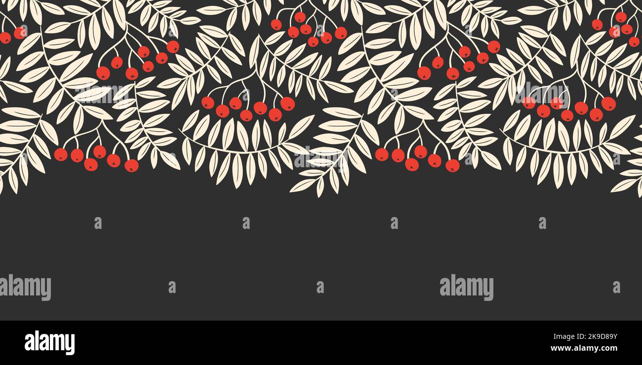 Christmas Monochrome Linocut Rowan Tree Foliage and Berries Vector ...