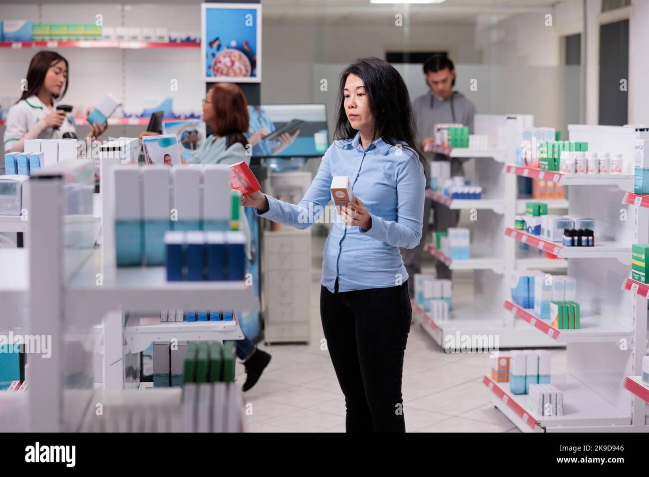 Pharmacy client checking medication and pills boxes to buy prescription ...