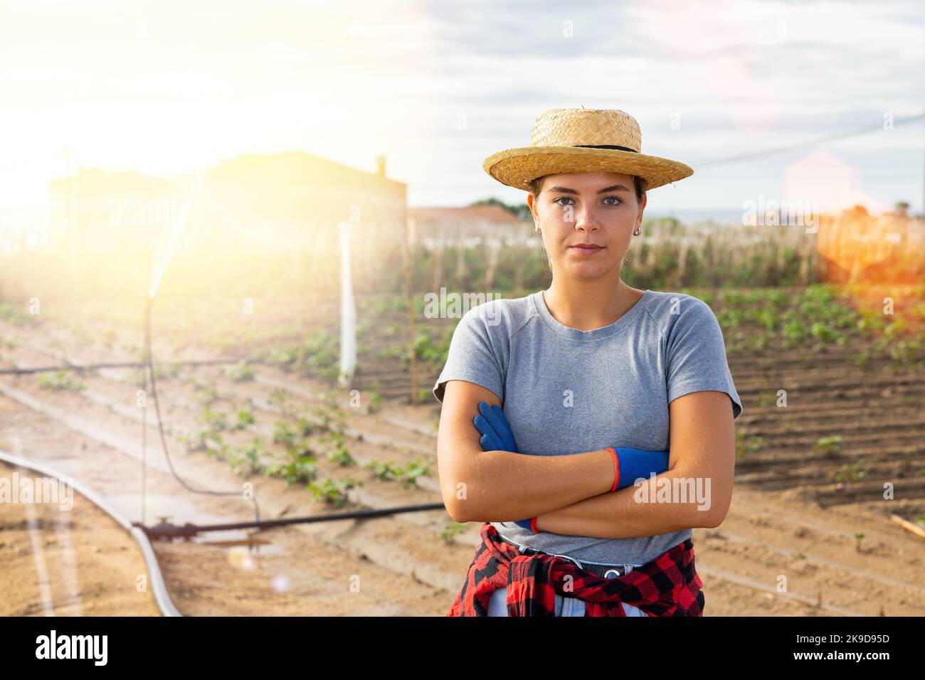 Young female horticulturist standing in farm field with irrigation ...