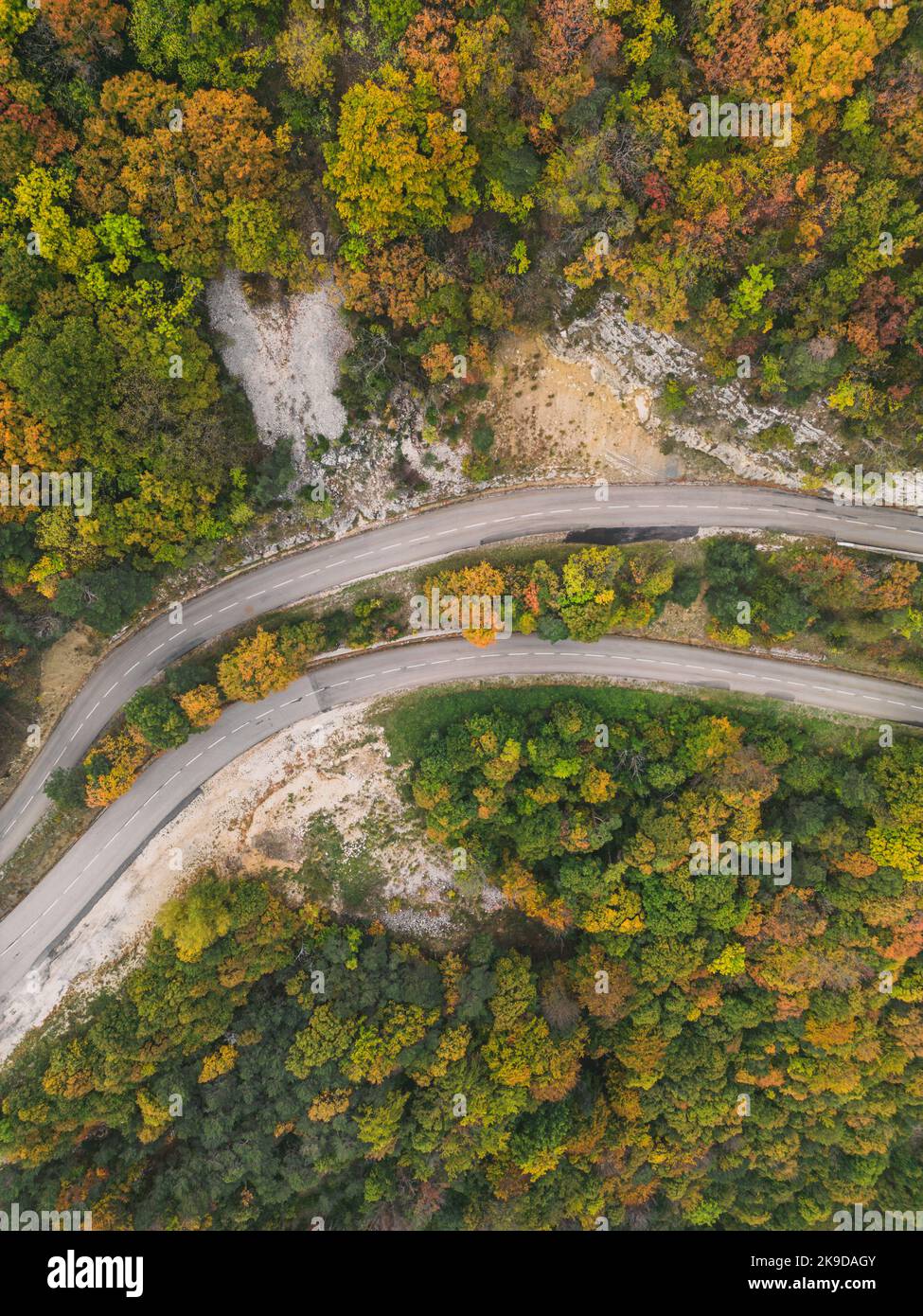 Aerial view of a winding road from a high mountain pass through a dense colorful autumn forest ...