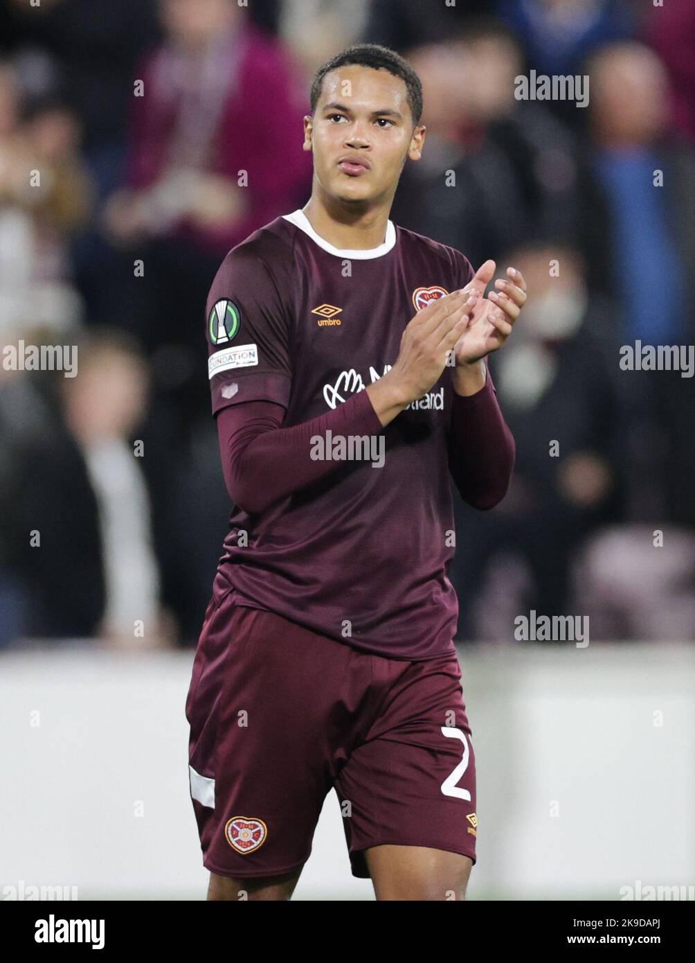 Heart of Midlothian's Toby Sibbick applauds the fans following the UEFA ...