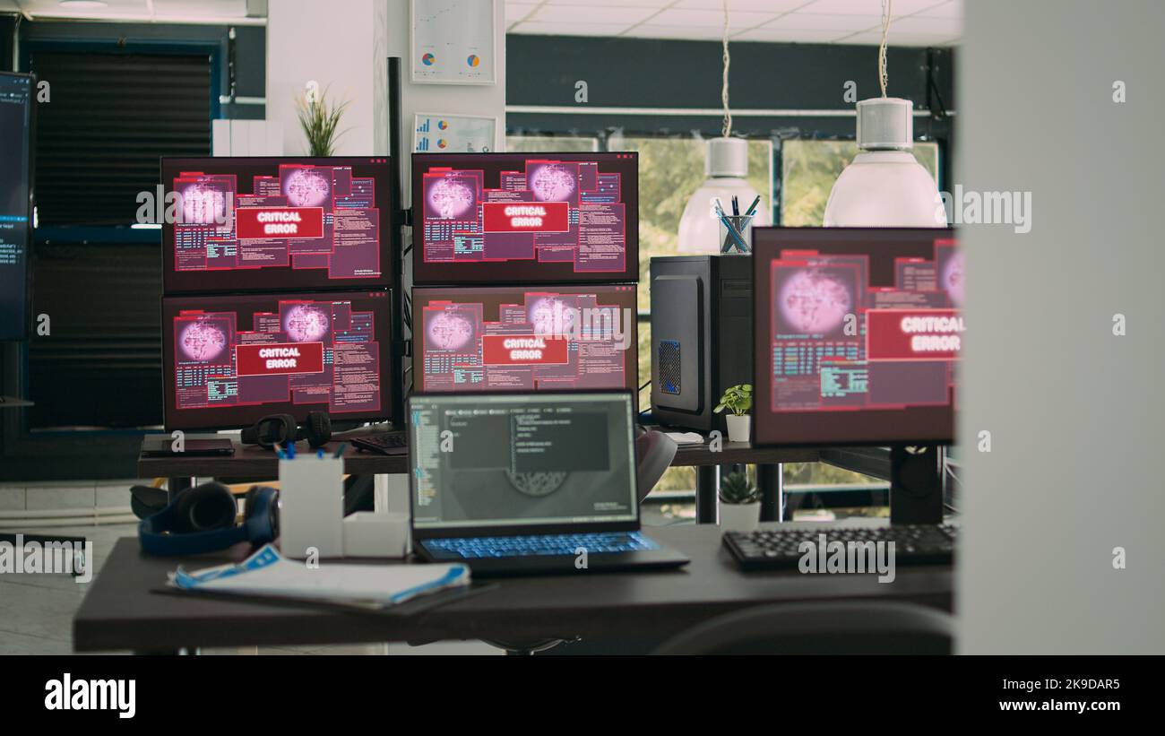 Computer Screens Running Hacking Alert Security Breach In Empty Software It Agency Office