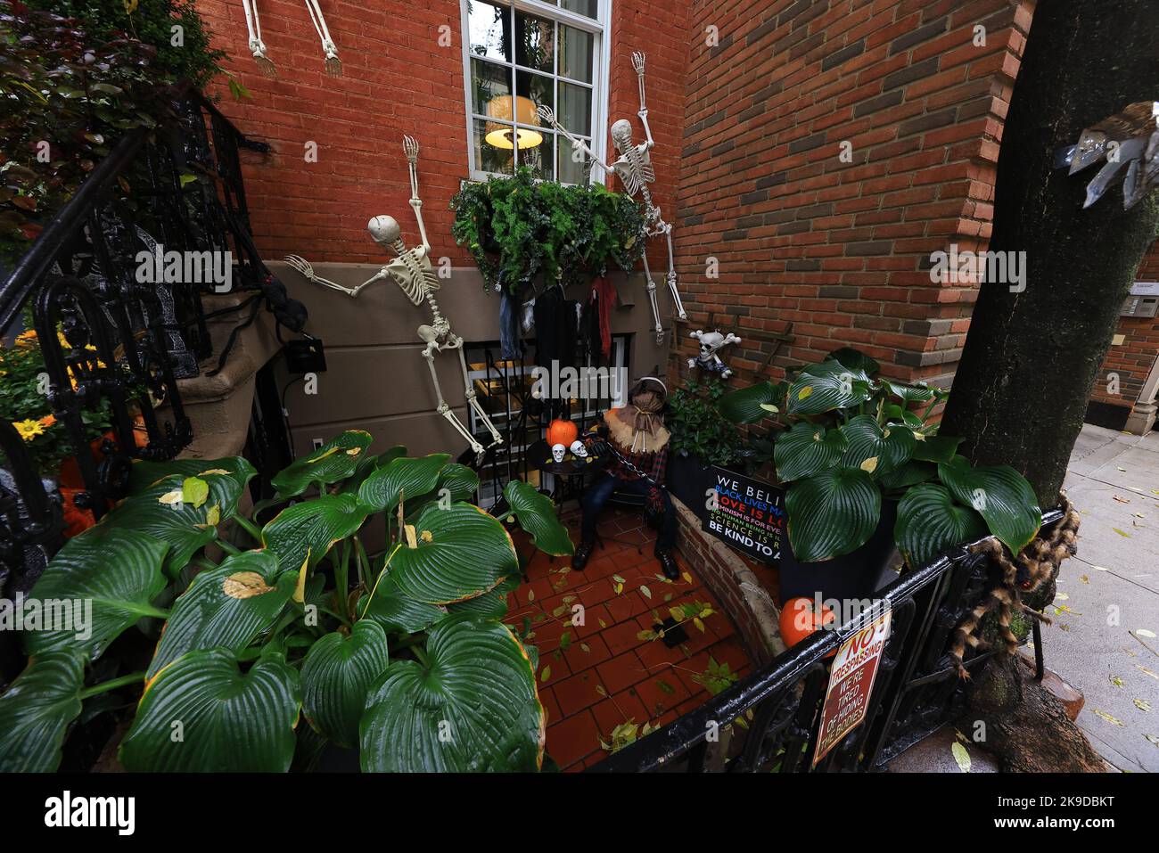 NEW YORK, NEW YORK - October 26, 2022: This townhouse small yard is ...