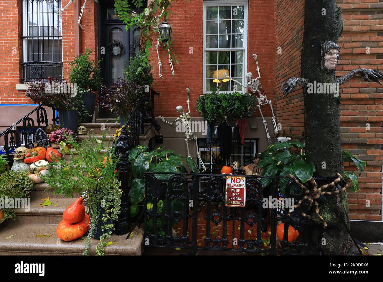 NEW YORK, NEW YORK - October 26, 2022: This townhouse small yard is ...