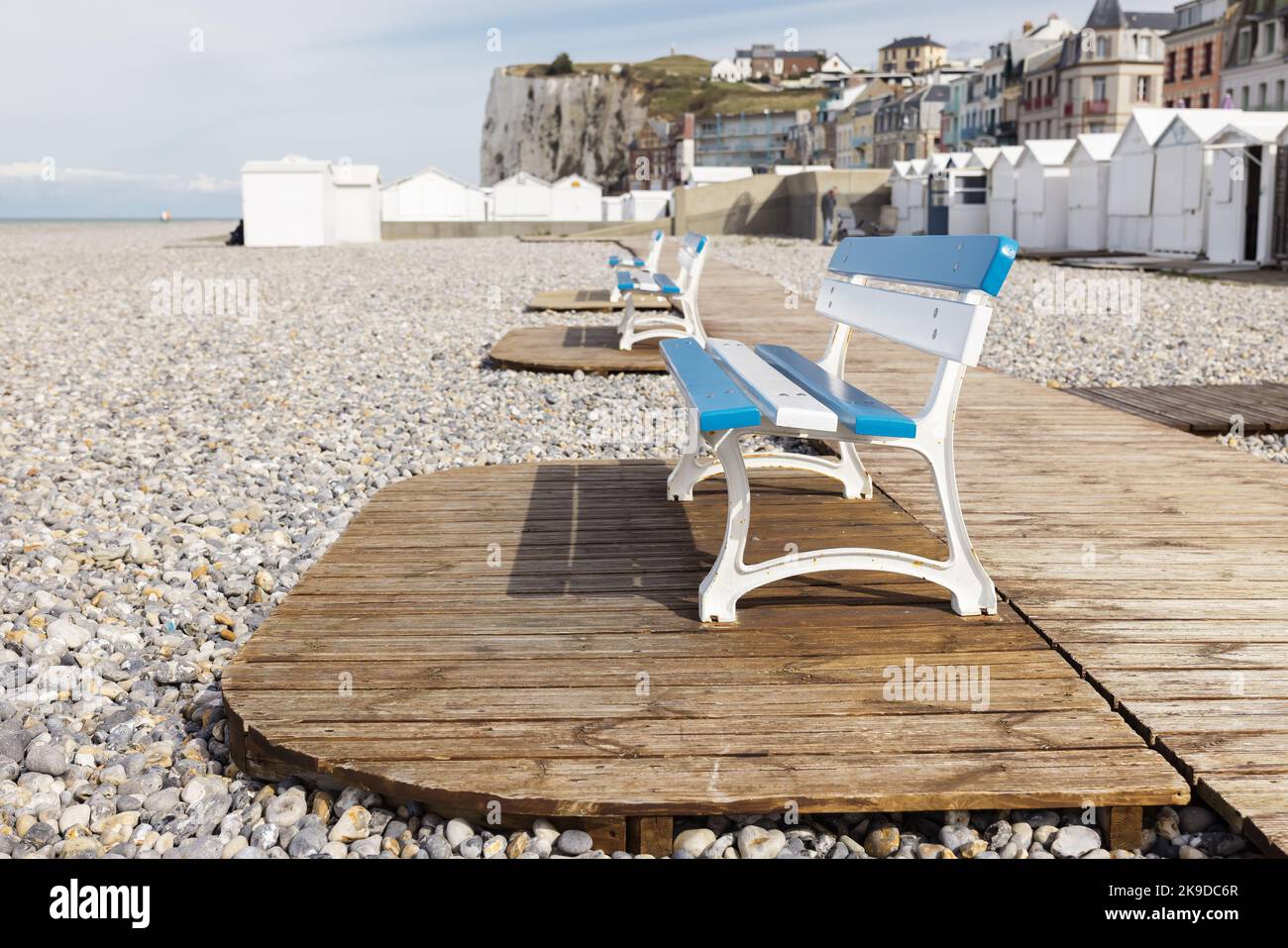 benches at the pebble beach of Mers-Les-Bains, Seine-Maritime, France ...