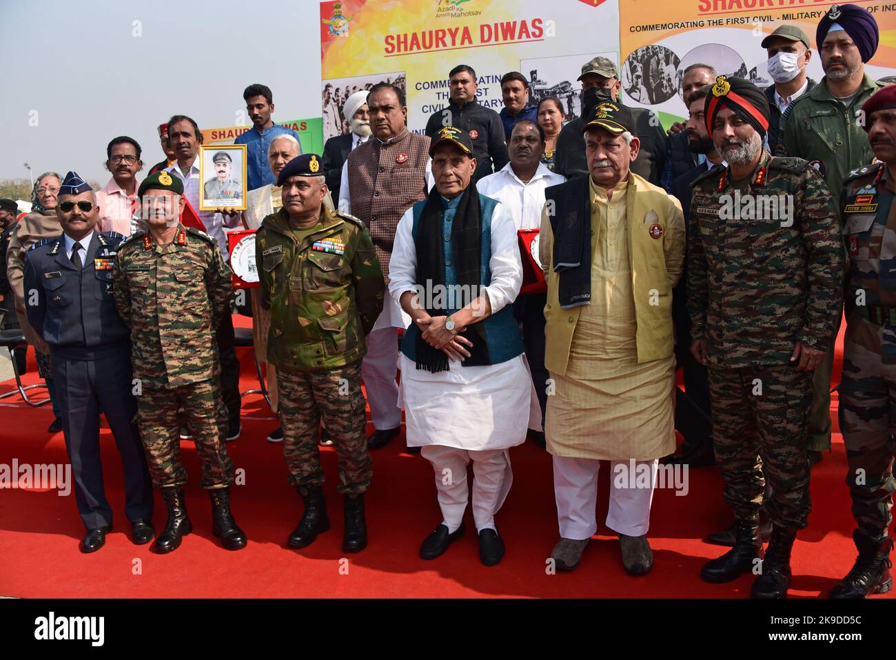 SRINAGAR, INDIA - OCTOBER 27: Defence Minister Rajnath Singh with Jammu ...