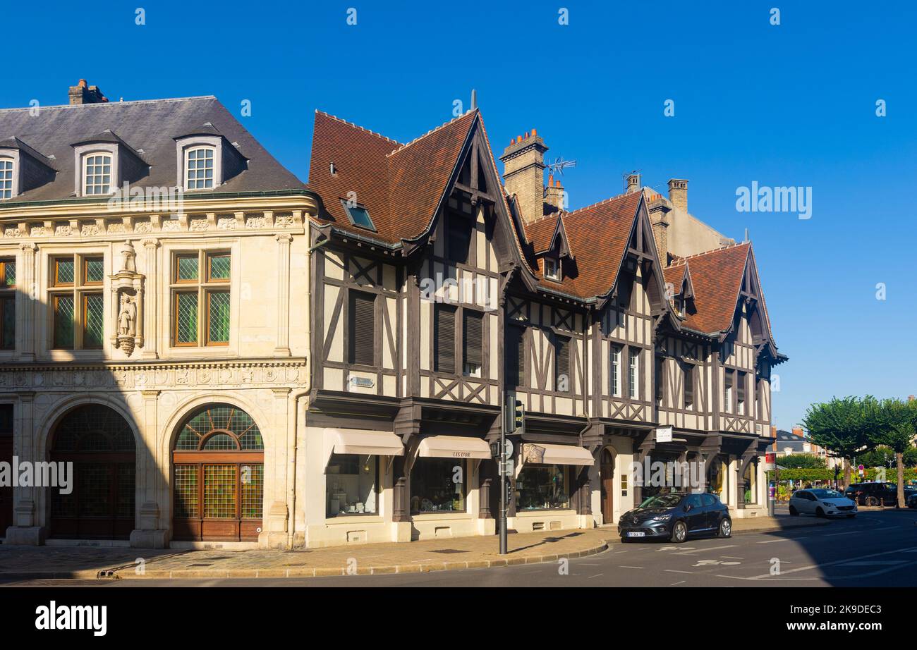Reims summer street with traditional half-timbered building Stock Photo ...