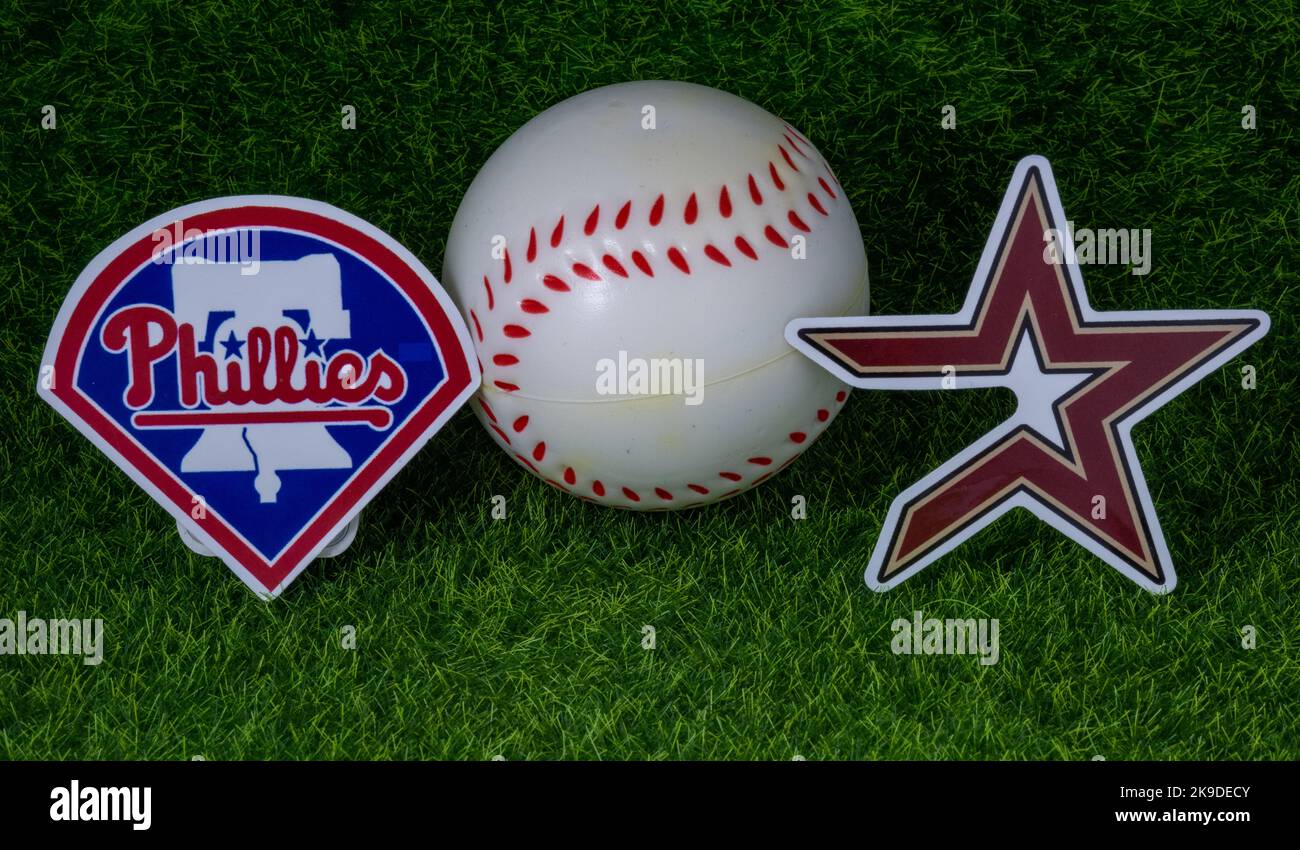 October 25, 2022. New York, USA. The emblems of the baseball clubs of ...