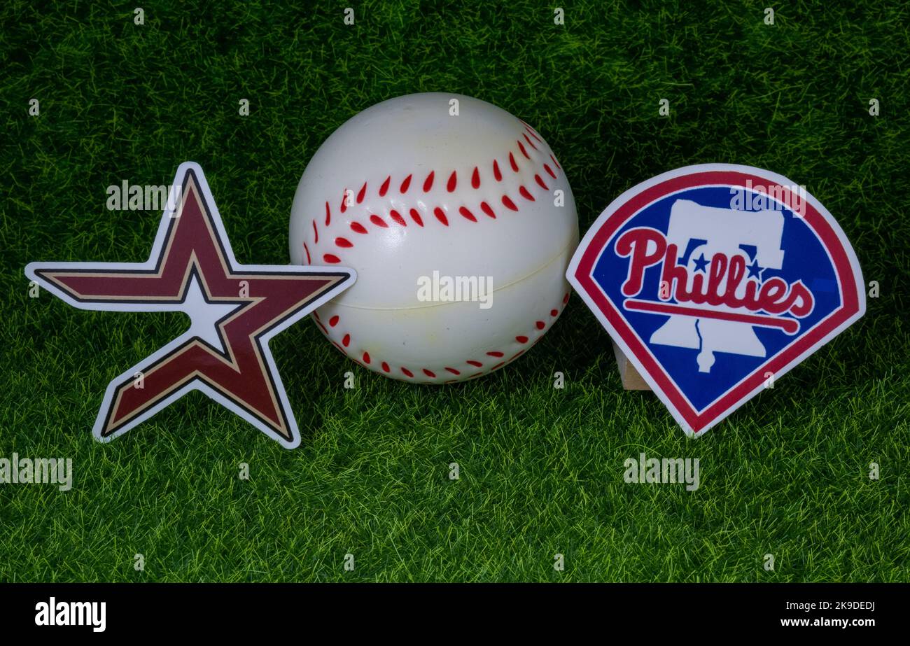 October 25, 2022. New York, USA. The emblems of the baseball clubs of ...