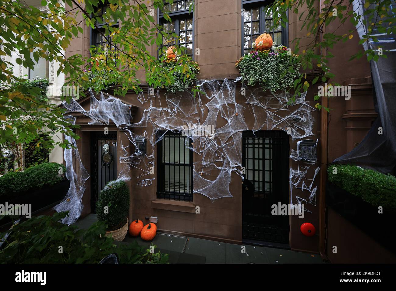NEW YORK, NEW YORK - October 25, 2022: Cob webs and spiders cover the ...