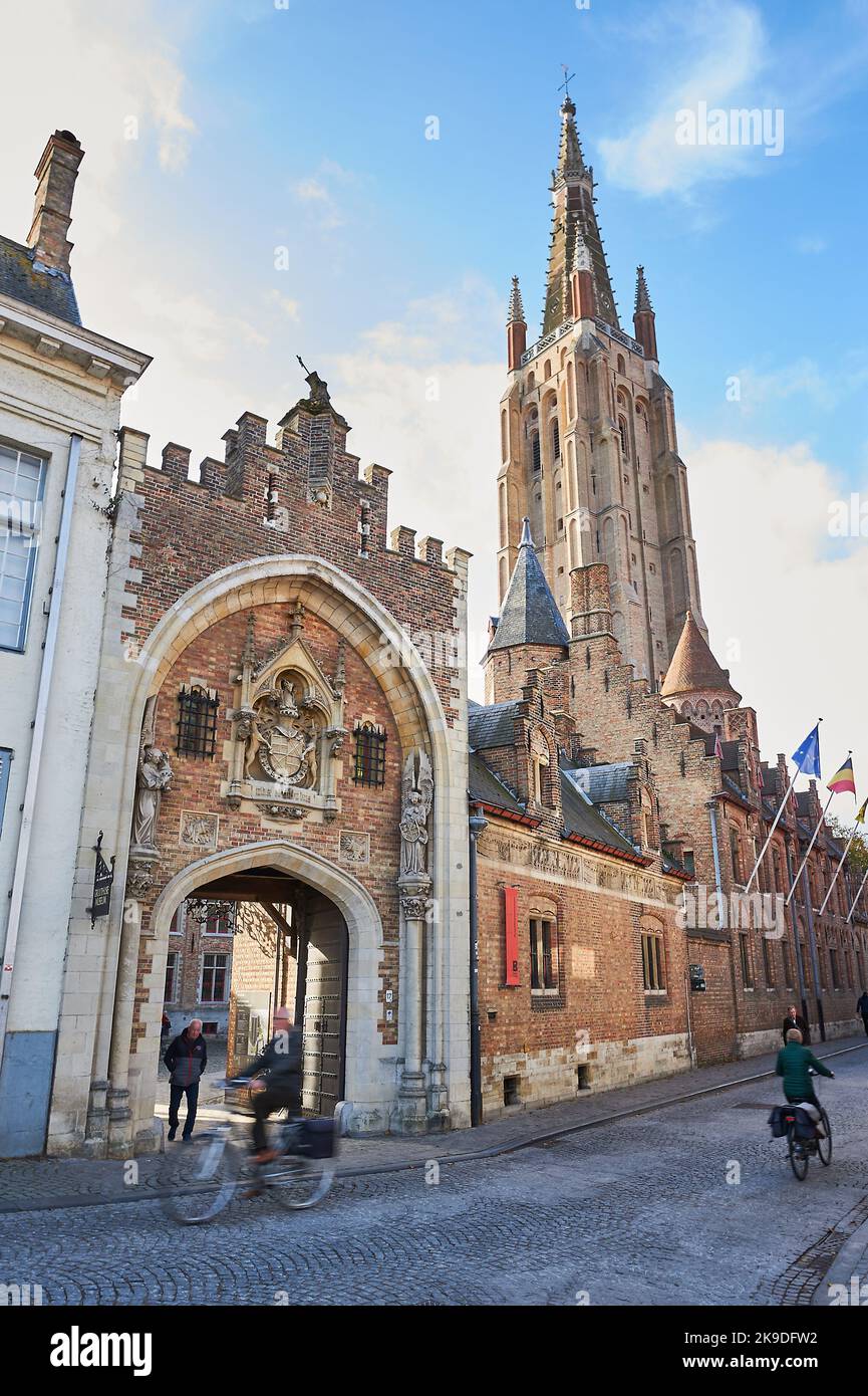 Bruges, Flanders, Belgium and the spire of the catholic Church of our Lady Bruges, (Onze Lieve ...