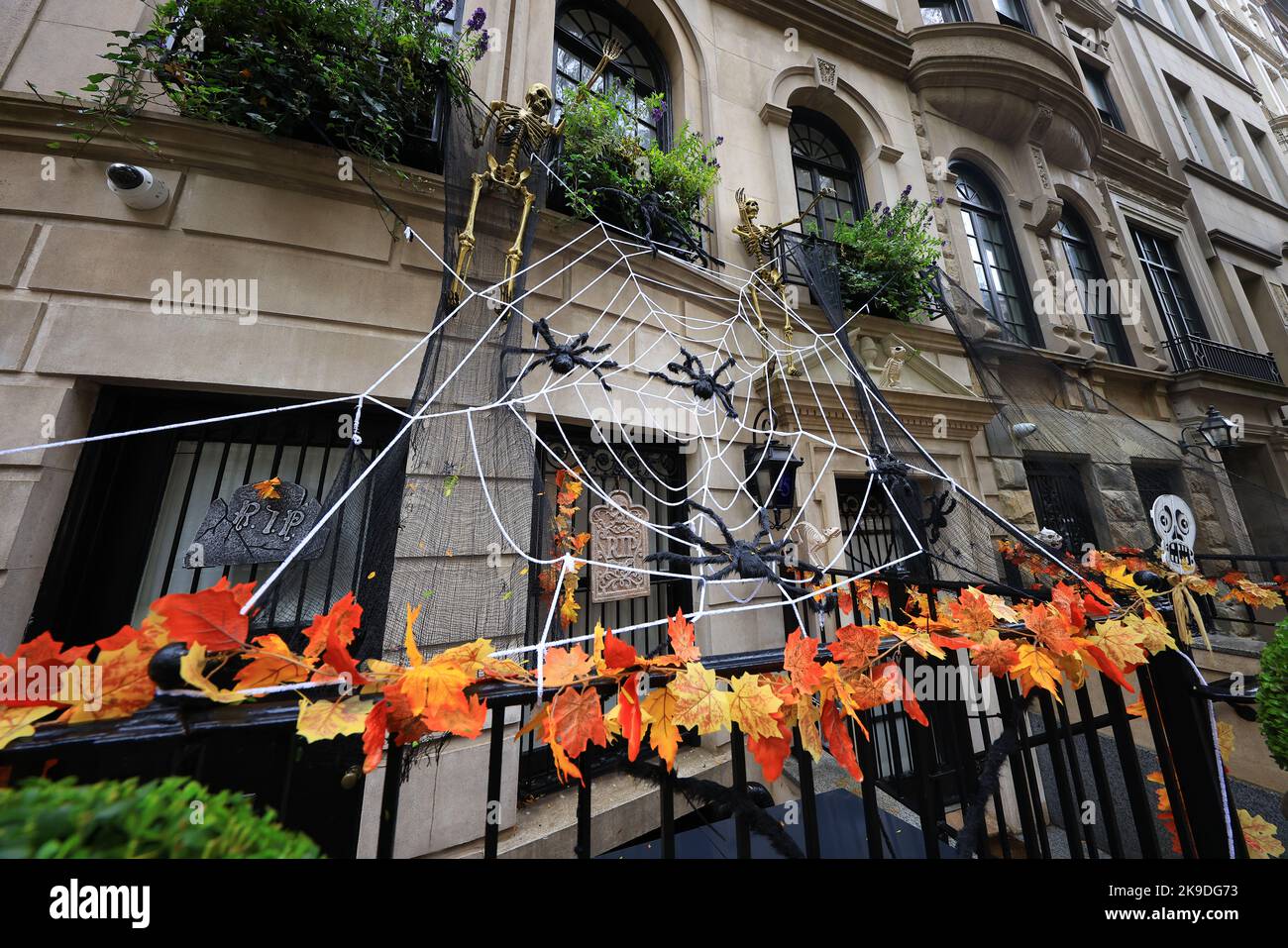 NEW YORK, NEW YORK - October 25, 2022: Spider webs cover the exterior ...