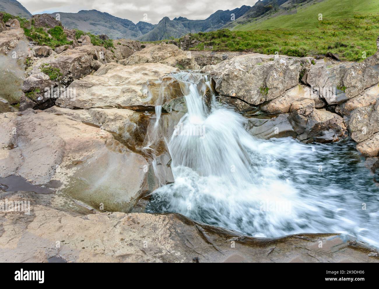 Long line of waterfalls and rocky mountain pools at the foot of the ...